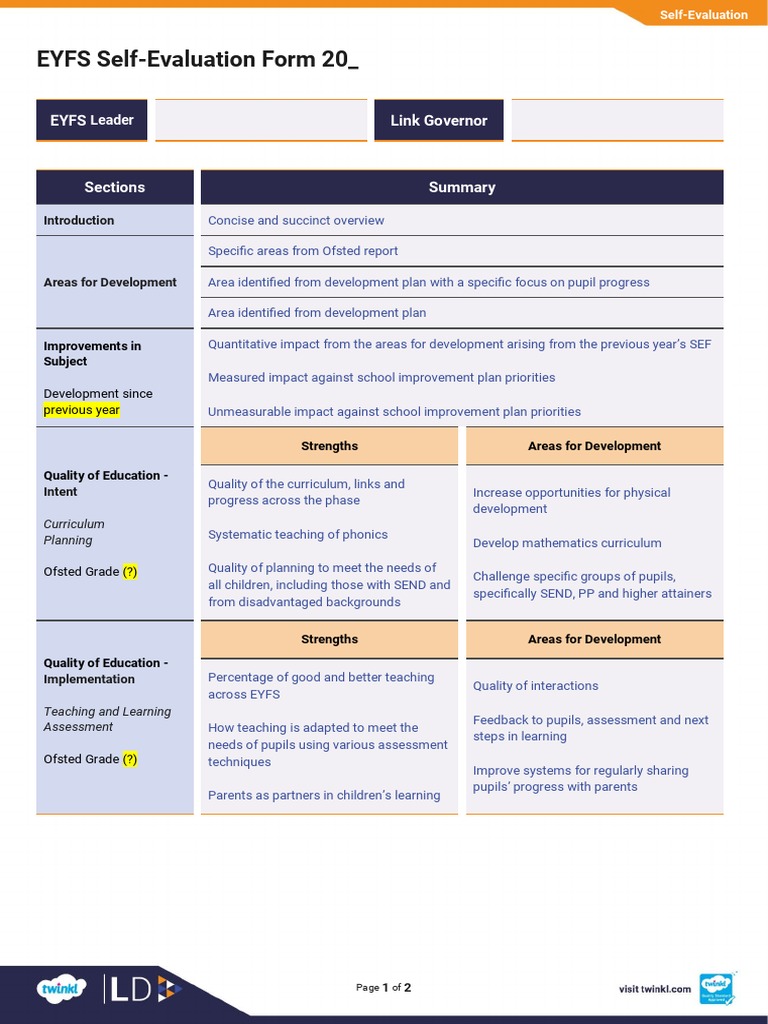 EYFS Self-Evaluation Form 20 | PDF | Curriculum | Risk