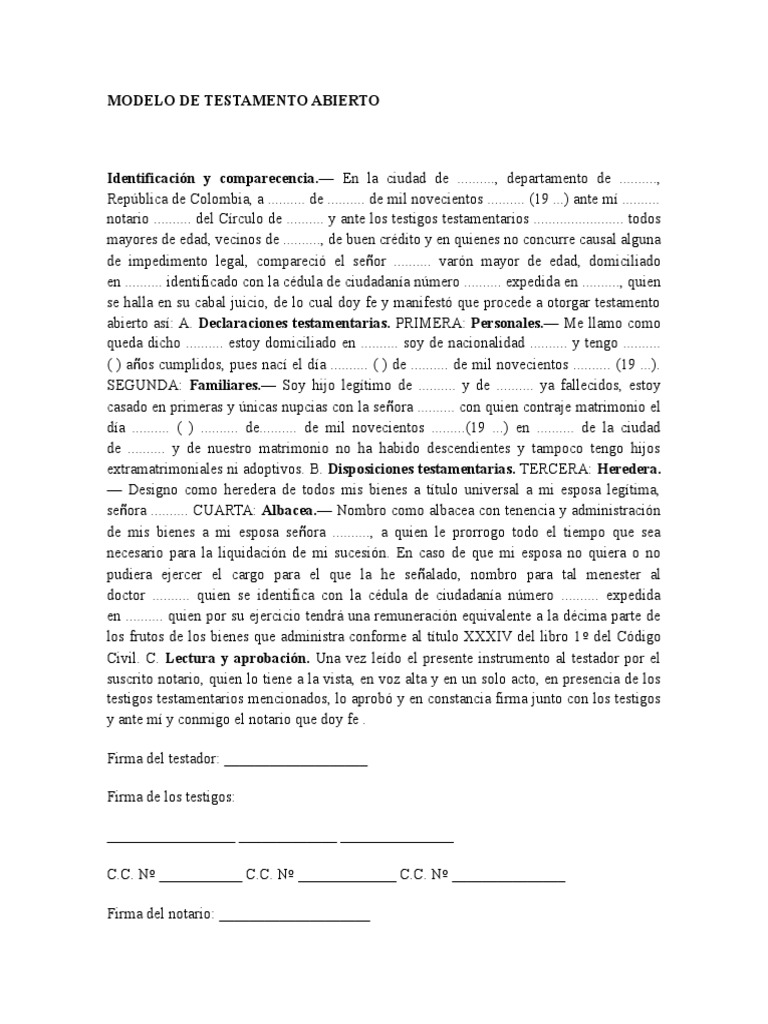 Modelo de Testamento Abierto | PDF | Voluntad y testamento | Justicia