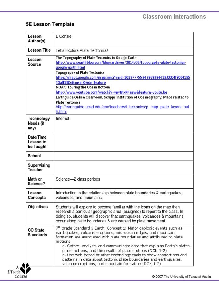 5E Lesson Template: Classroom Interactions | PDF | Plate Tectonics ...