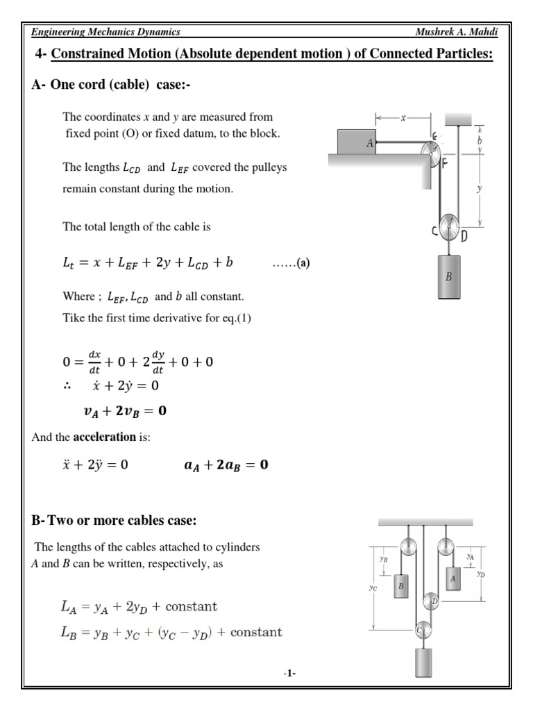4-Constrained Motion (Absolute Dependent Motion) of Connected Particles: A - One Cord (Cable ...