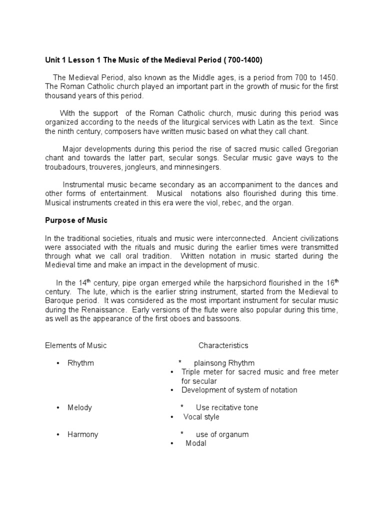 Unit 1 Lesson 1 The Music of The Medieval Period (700-1400) | PDF ...