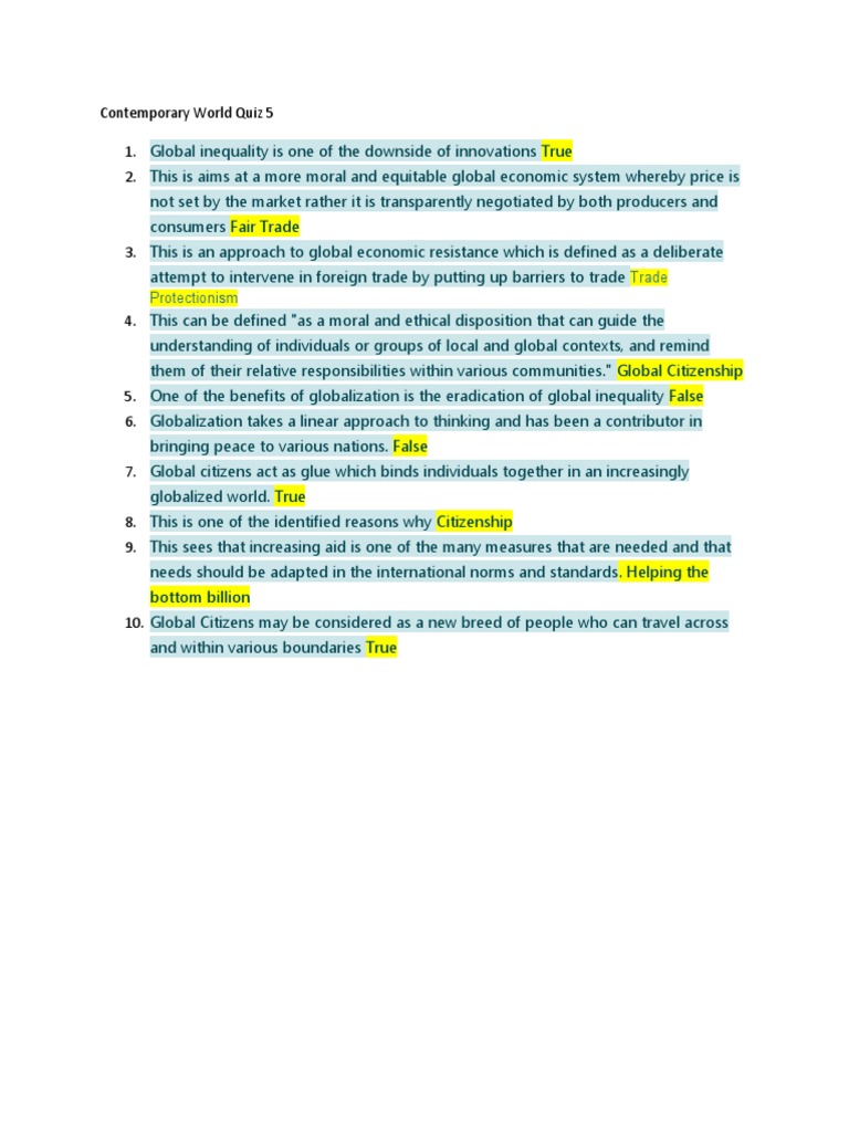 Contemporary World Quiz 5 | PDF | Politics