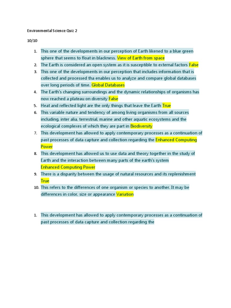 Environmental Science Quiz 2 | PDF | Science & Mathematics