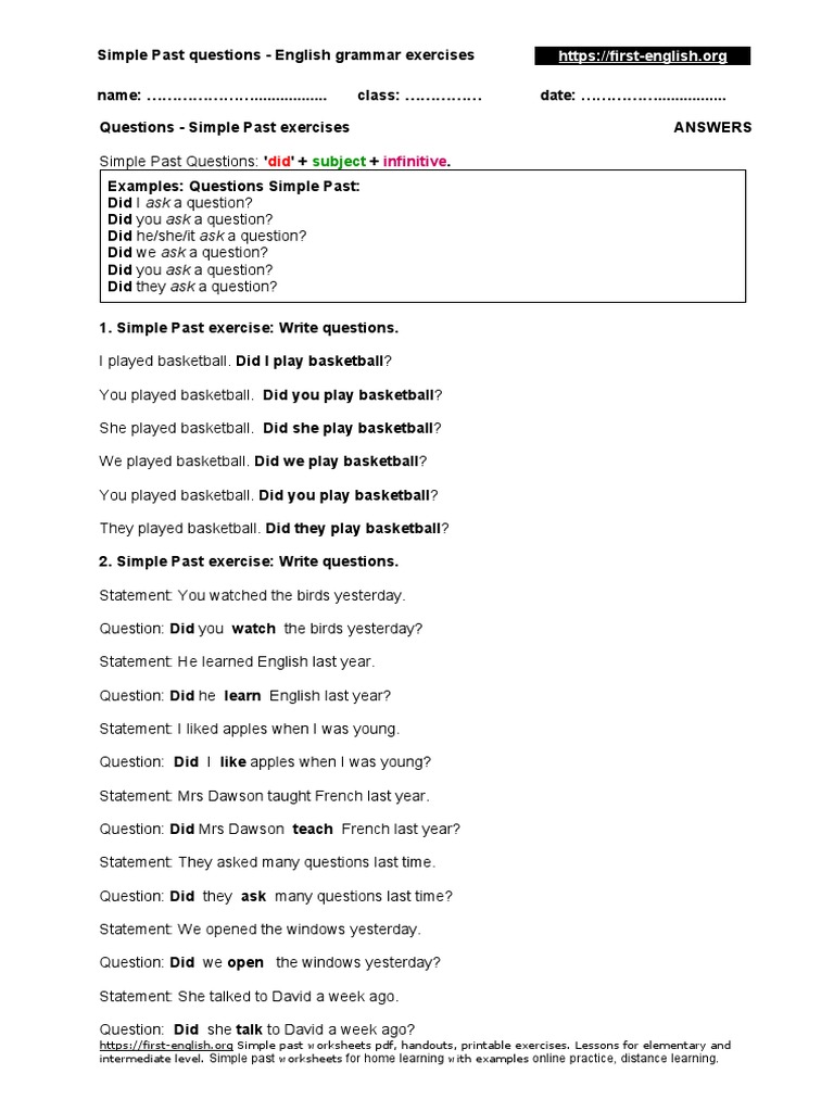 Simple Past Questions - Worksheet - Answers | PDF