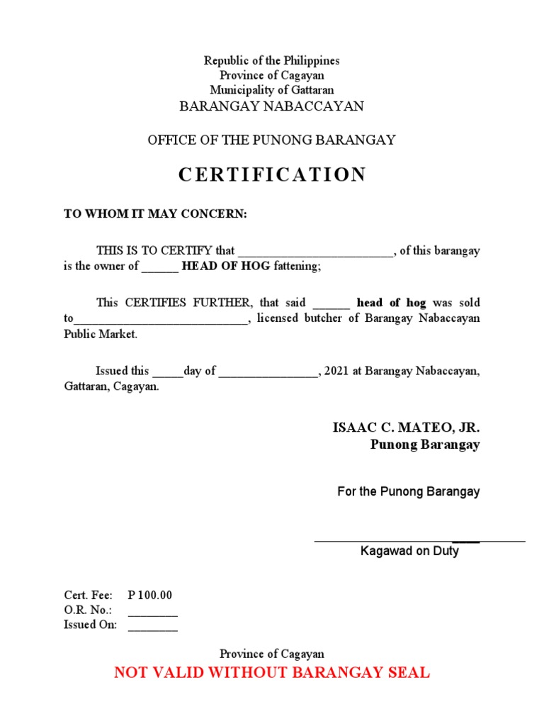 Barangay Certification for Livestock | PDF
