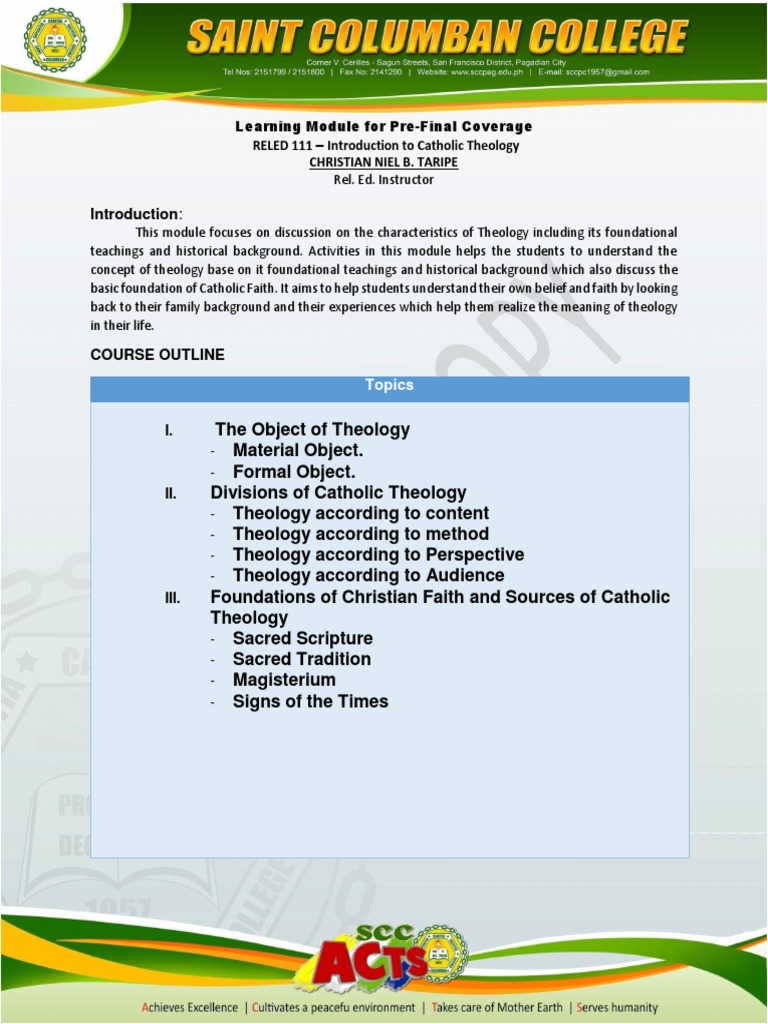 RELED 111 - Learning Module For Prefinal Coverage | PDF | Theology | Catholic Church