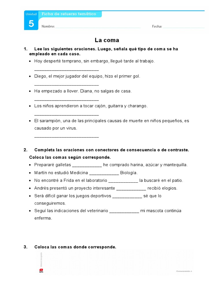 La Coma: 1. Lee Las Siguientes Oraciones. Luego, Señala Qué Tipo de ...