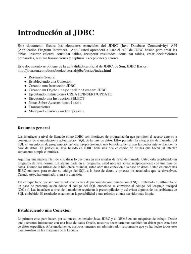 Introducción a JDBC: Conexiones y Consultas | PDF | SQL | Java (lenguaje de programación)