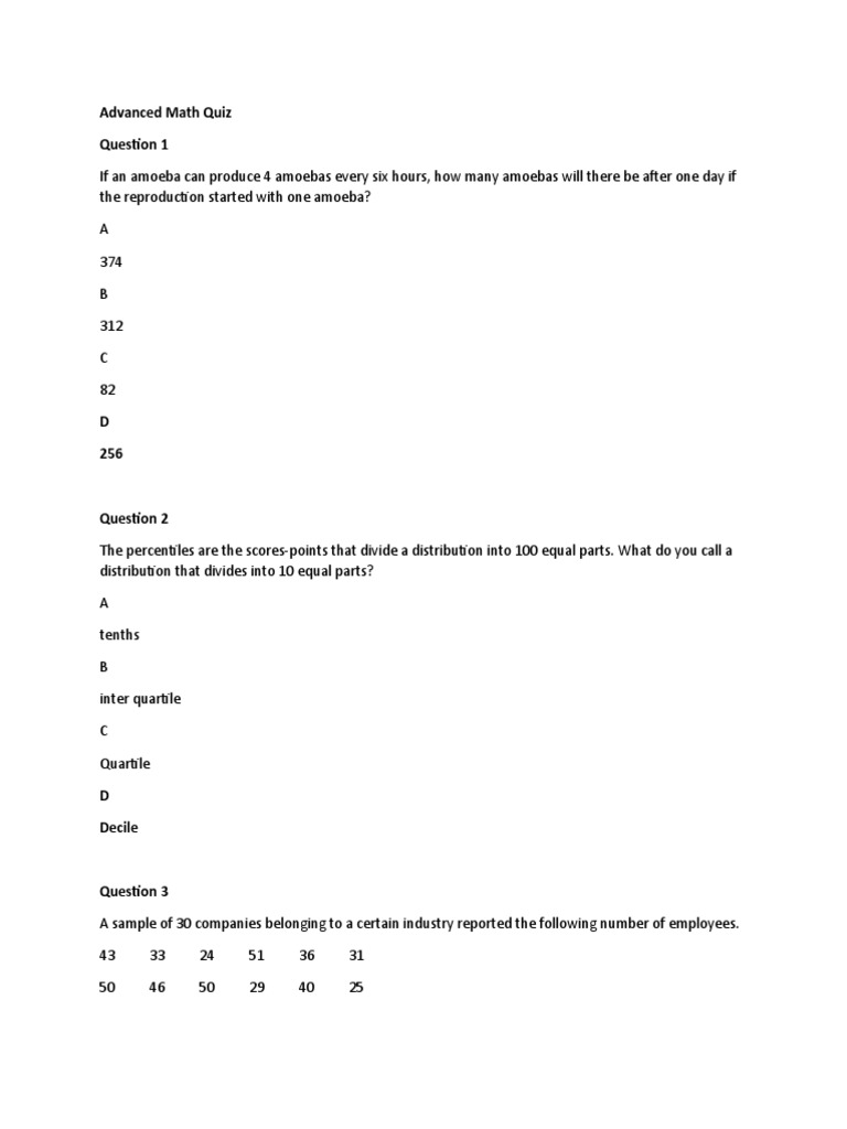 Advanced Math Sample Test (Algebra and Statistics) | PDF | Mode ...