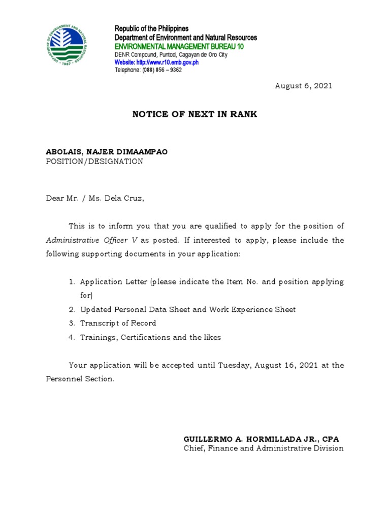 Notice of Next in Rank | PDF
