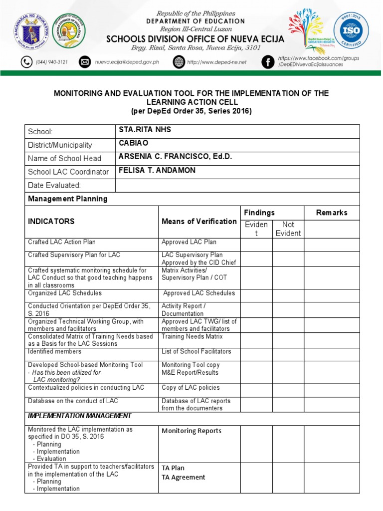 Template 9 - Lac Monitoring and Evaluation Tool | PDF | Pedagogy | Teachers