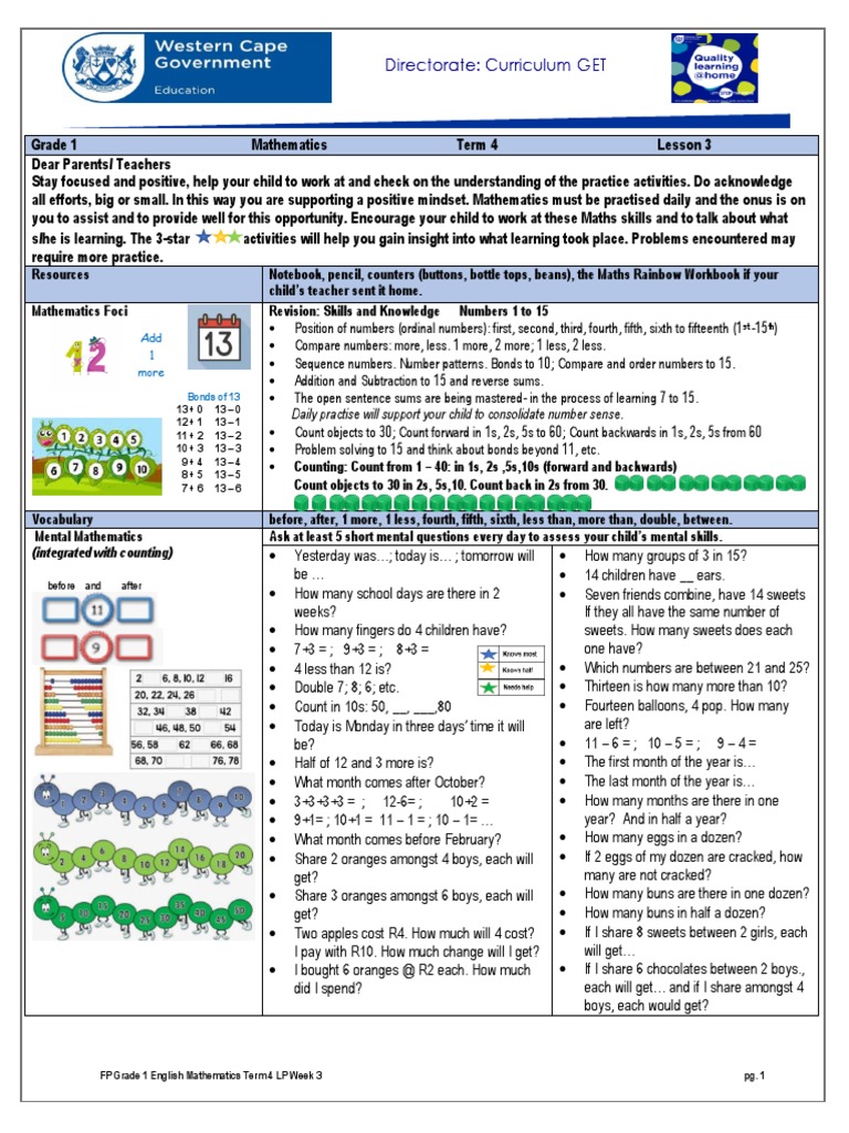 FP Grade 1 Mathematics Term 4 LP Week 3 | PDF | Cognition