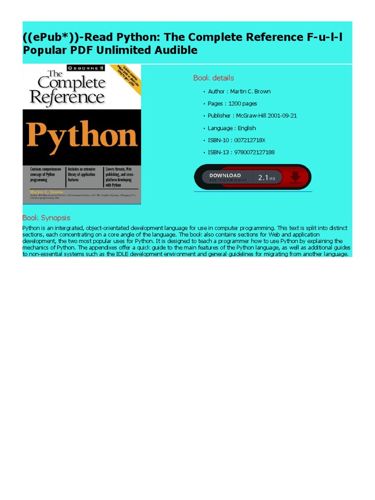 ( (Epub ) ) - Read Python: The Complete Reference F-U-L-L Popular PDF ...