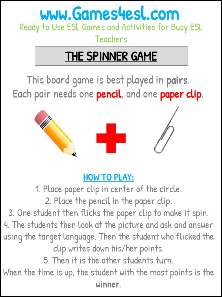 ESL Spinner Game Instructions | PDF | Sports & Recreation | Games ...