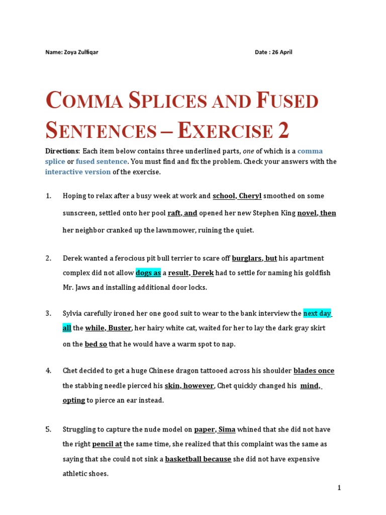 Comma Splice and Fused Sentences WRKSHT 1 | PDF