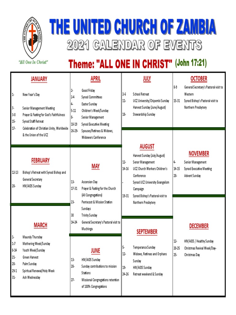 2021 Calendar of Events | PDF | Synod | Bishop