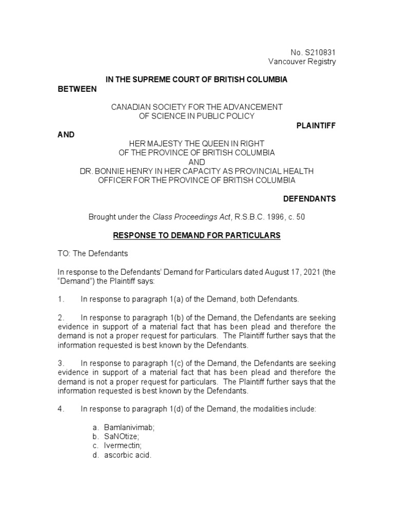 Plaintiff's Response To Demand For Particulars | PDF | Pleading | Cause ...