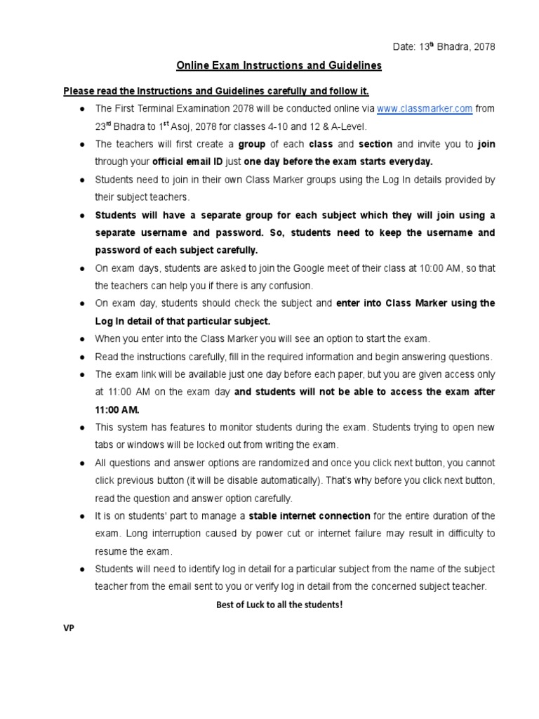 Online Exam Instructions and Guidelines | PDF | Test (Assessment ...