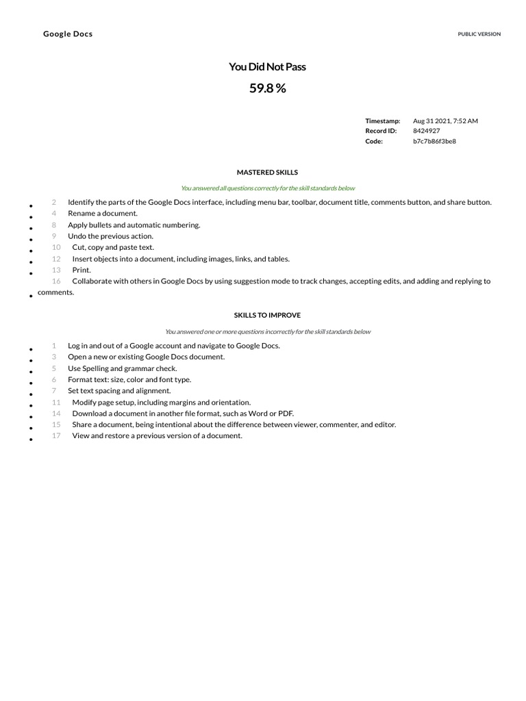Google Docs Assessment Results | PDF