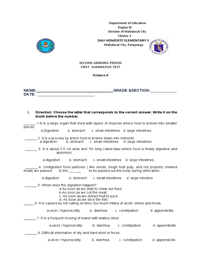 Summative Test in SCIENCE 4 - Q2 | PDF | Digestion | Gastrointestinal Tract
