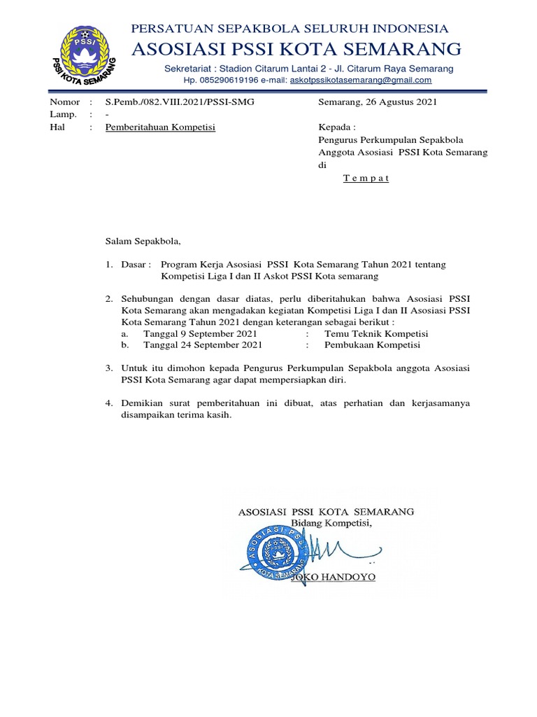 Surat Pemberitahuankegiatan Kompetisi Antar Klub Pssi SMG | PDF