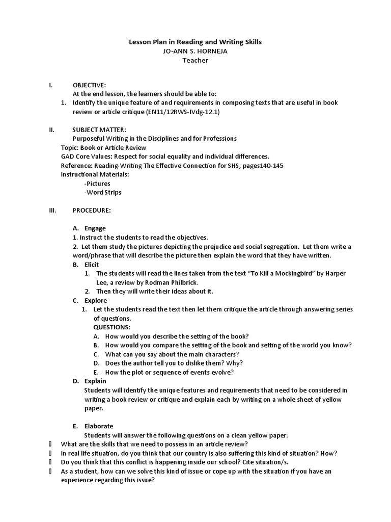 Lesson Plan in Reading and Writing Skills | PDF | Books | Lesson Plan