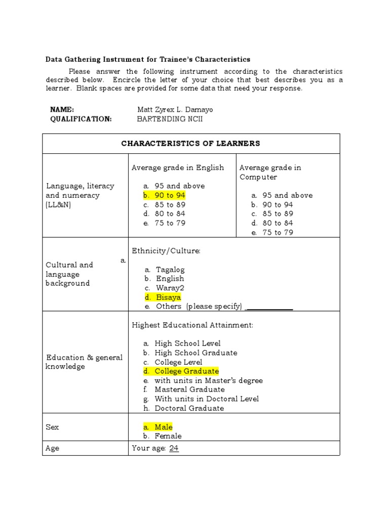 Characteristics of Learners: Data Gathering Instrument For Trainee's ...