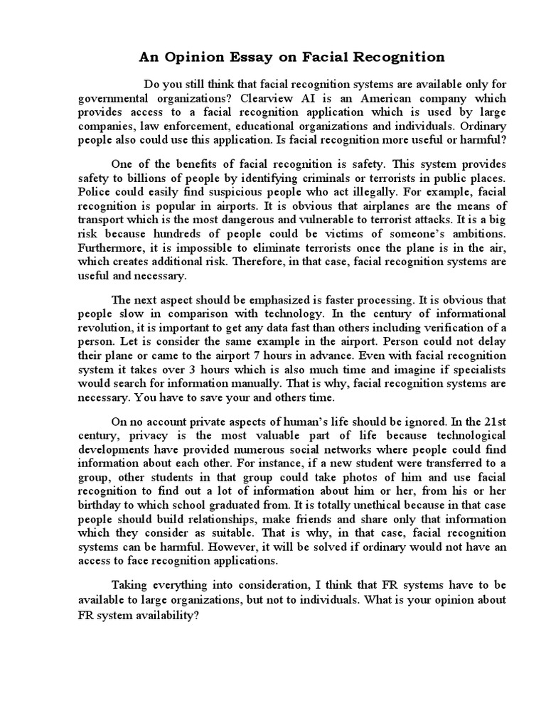 An Opinion Essay On Facial Recognition | PDF | Privacy | Applied Ethics