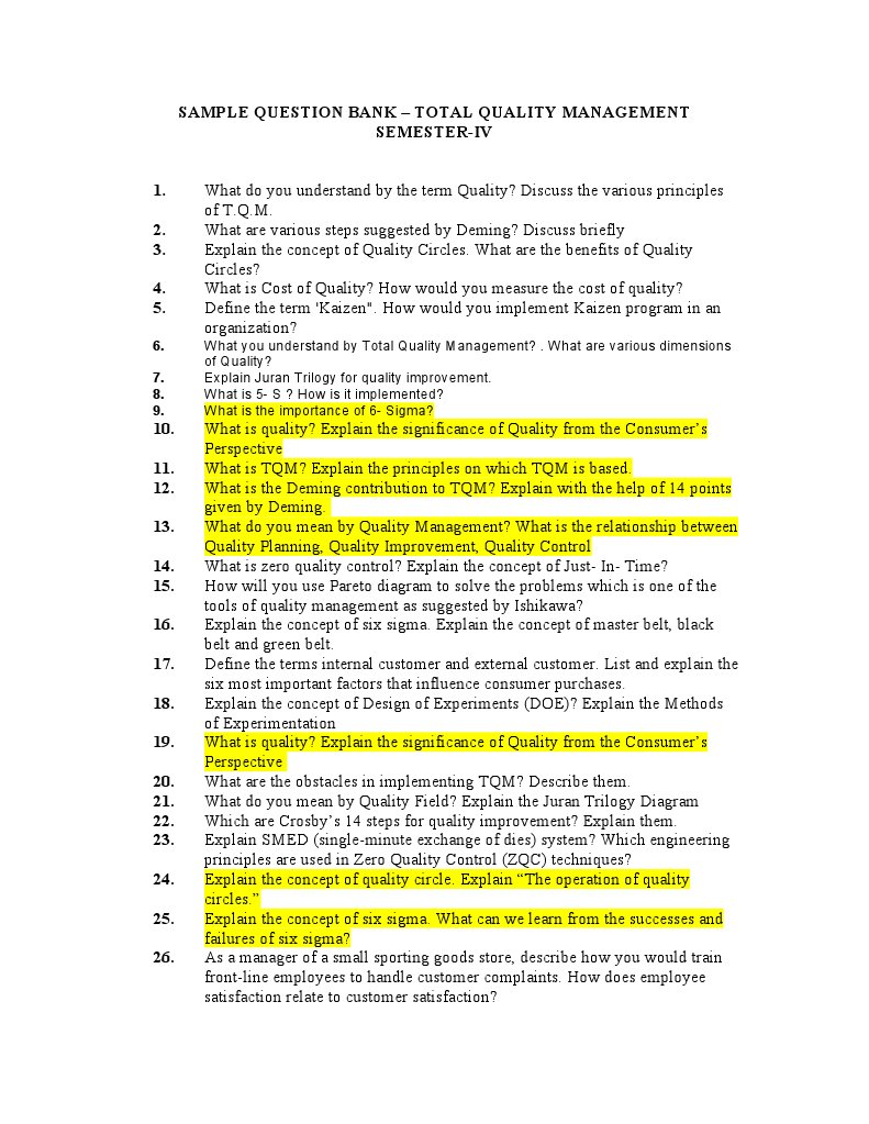 Principles of Quality Management: A Comprehensive Question Bank | PDF ...
