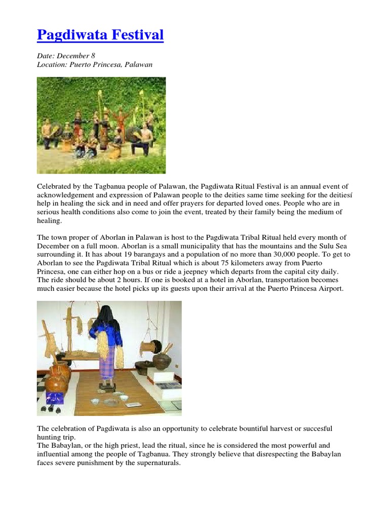 Pagdiwata Festival: Date: December 8 Location: Puerto Princesa, Palawan ...