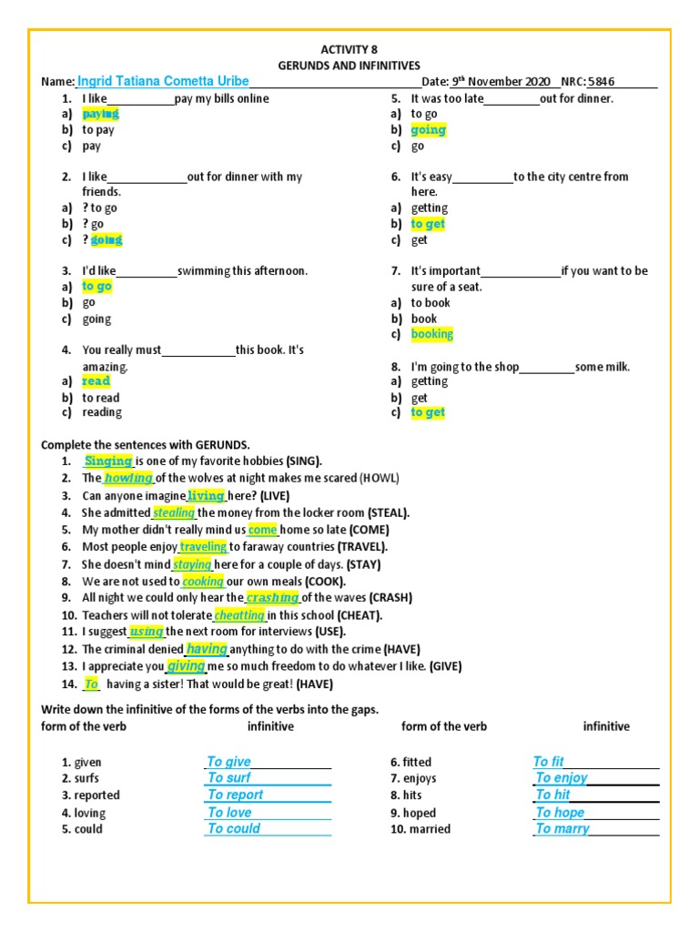 Gerunds and Infinitives Practice Exercises | PDF | Semantic Units ...