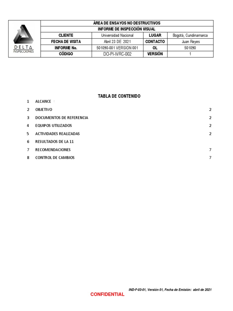 Informe de inspección visual de piezas metálicas para la Universidad ...