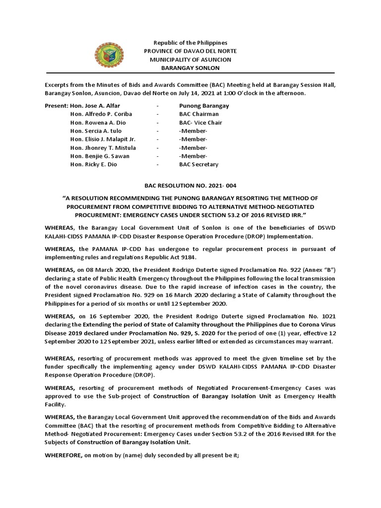 BAC Resolution for Alternative Procurement | PDF | Rodrigo Duterte ...