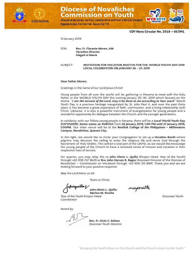 ALAGAD NI MARIA - LWYD2019 Letter For Congregations For Vocation Booth ...
