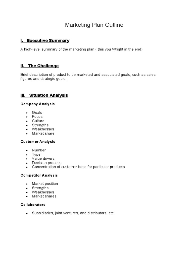 Marketing Plan Outline: I. Executive Summary | PDF | Marketing | Swot ...