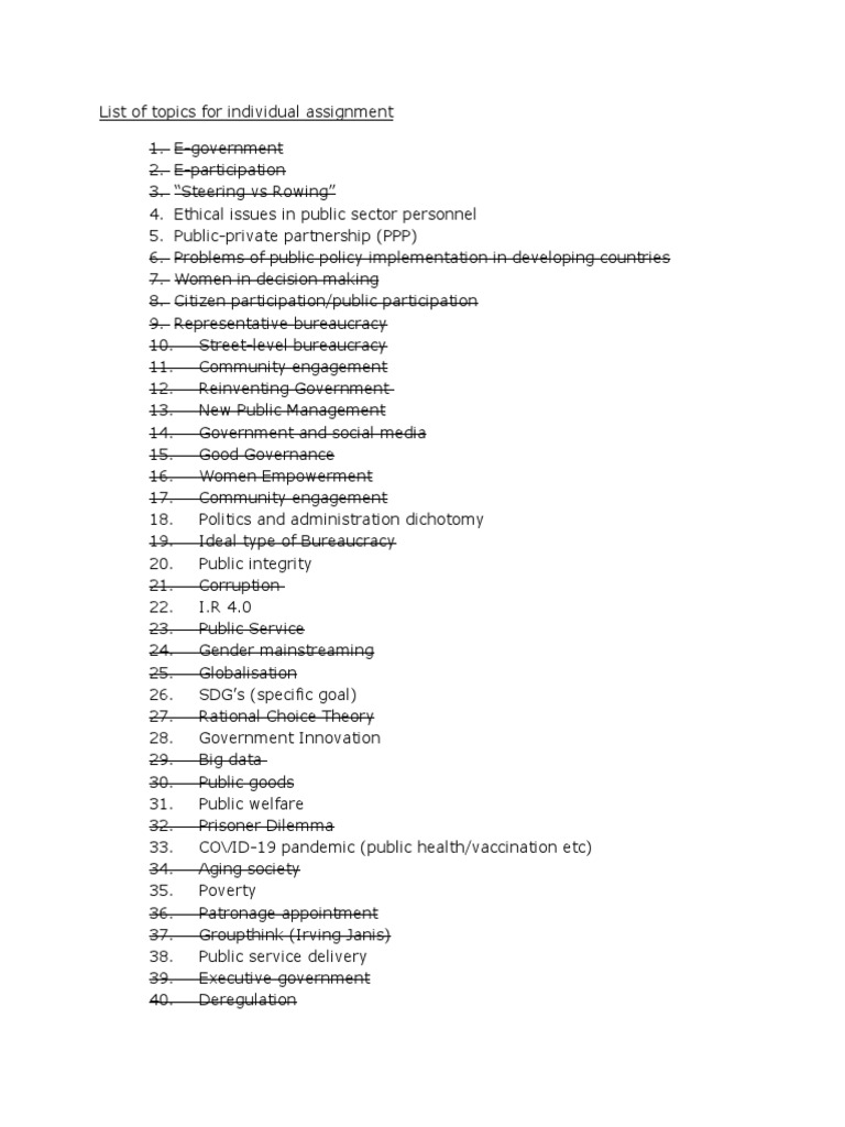 List of Topics For Individual Assignment | PDF