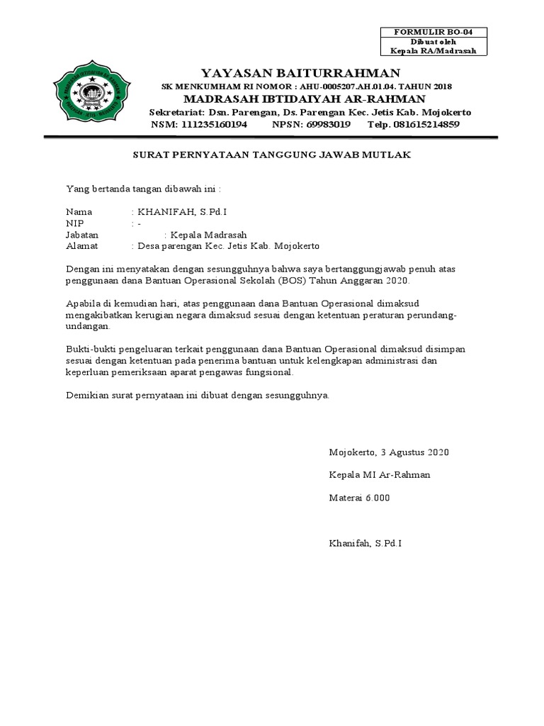 Form Bo-04 (SPTJM 2020) | PDF | Pengelolaan Keuangan & Uang