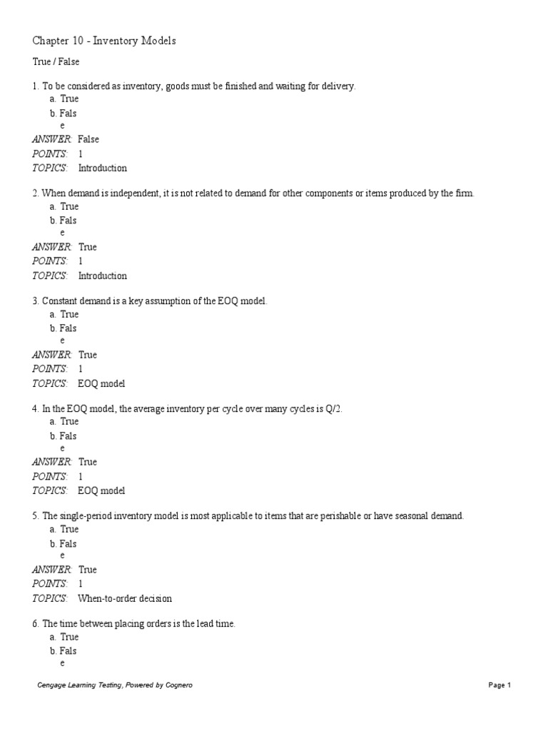 Chapter 10 - Inventory Models: ANSWER: False Points: 1 TOPICS ...