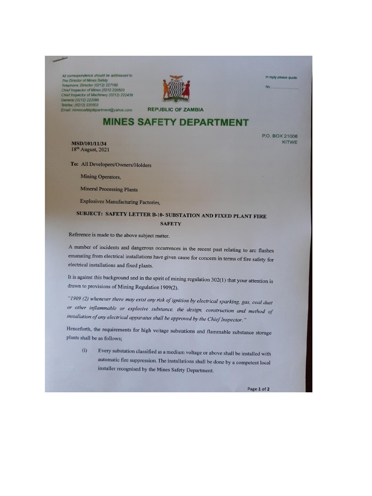 Safety Letter B10 - Substation Fire Safety | PDF