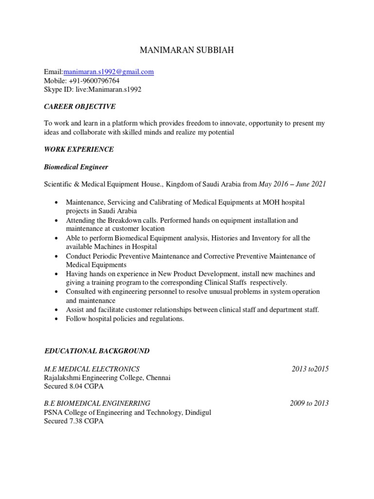 Mani New Resume | PDF | Biomedical Engineering | Medical Device