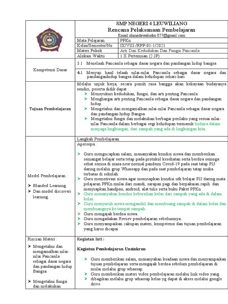 RPP PKN Blended Learning Pertemuan Ke 1. | PDF