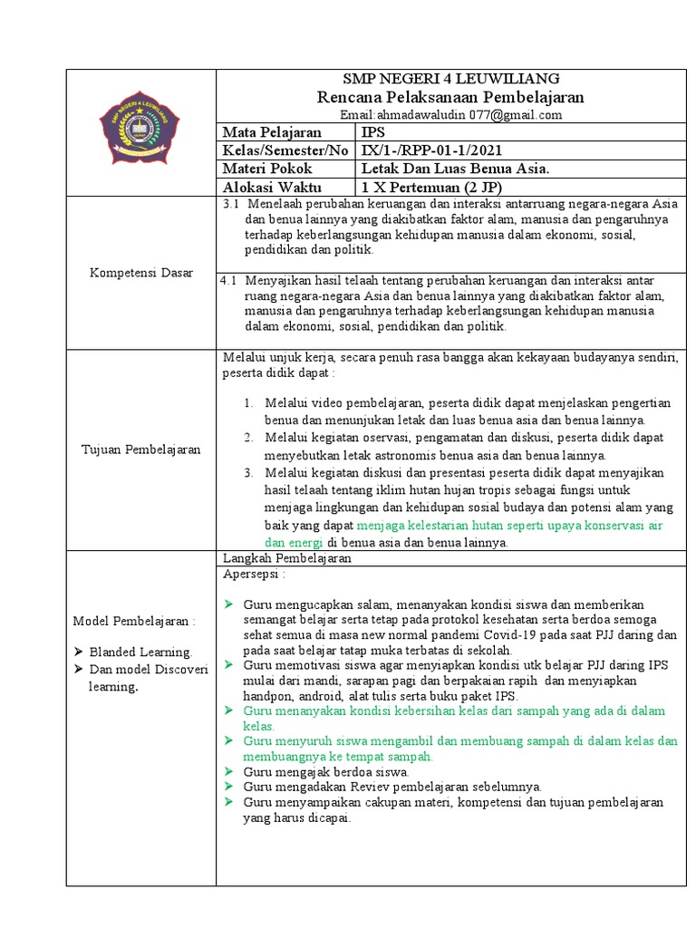 RPP Ips Sm.1 Blended Learning 2021 | PDF