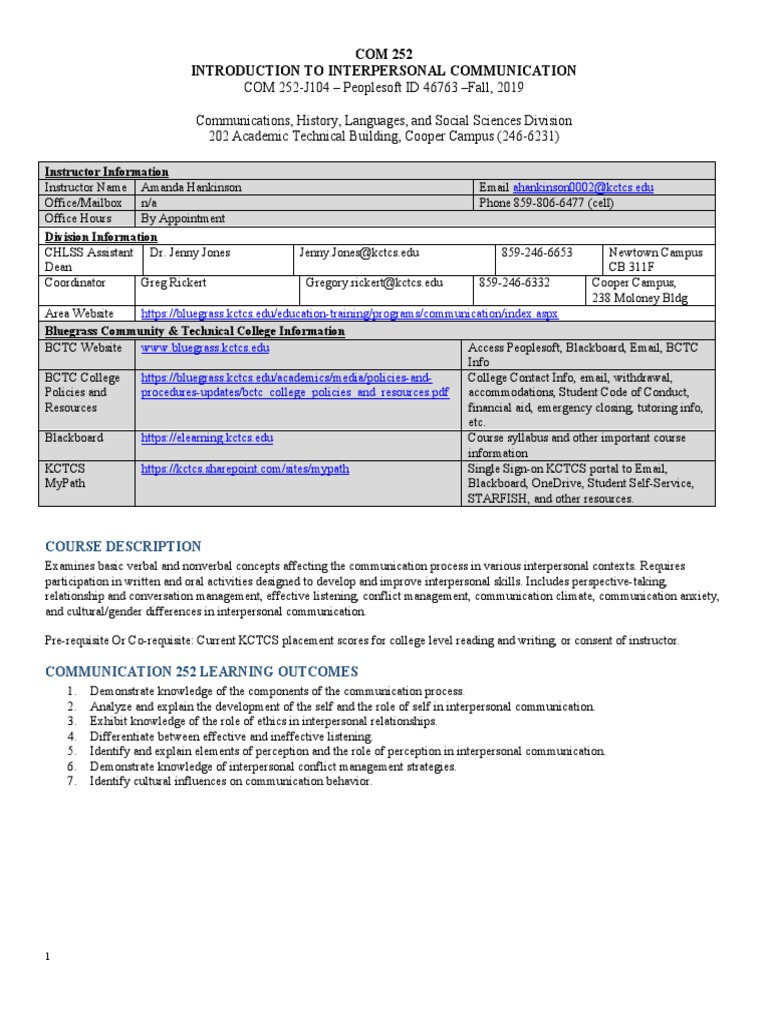 COM252 Syllabus Fall 2019 J104 Hankinson | PDF | Communication | Competence (Human Resources)