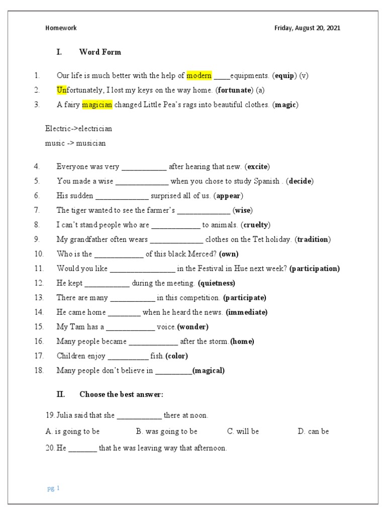 Word Form - Unit 2 - Grade 8 | PDF | Leisure