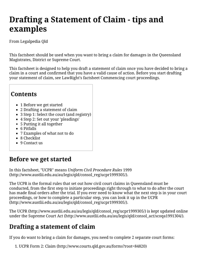 Drafting A Statement of Claim - Tips and Examples - Legalpedia QLD ...
