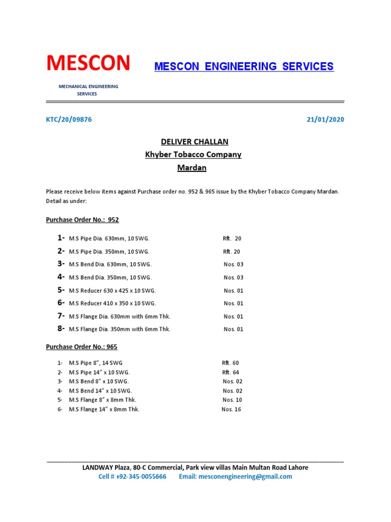 Delivery Challan (Khyber Tobacco) | PDF | Mechanical Engineering