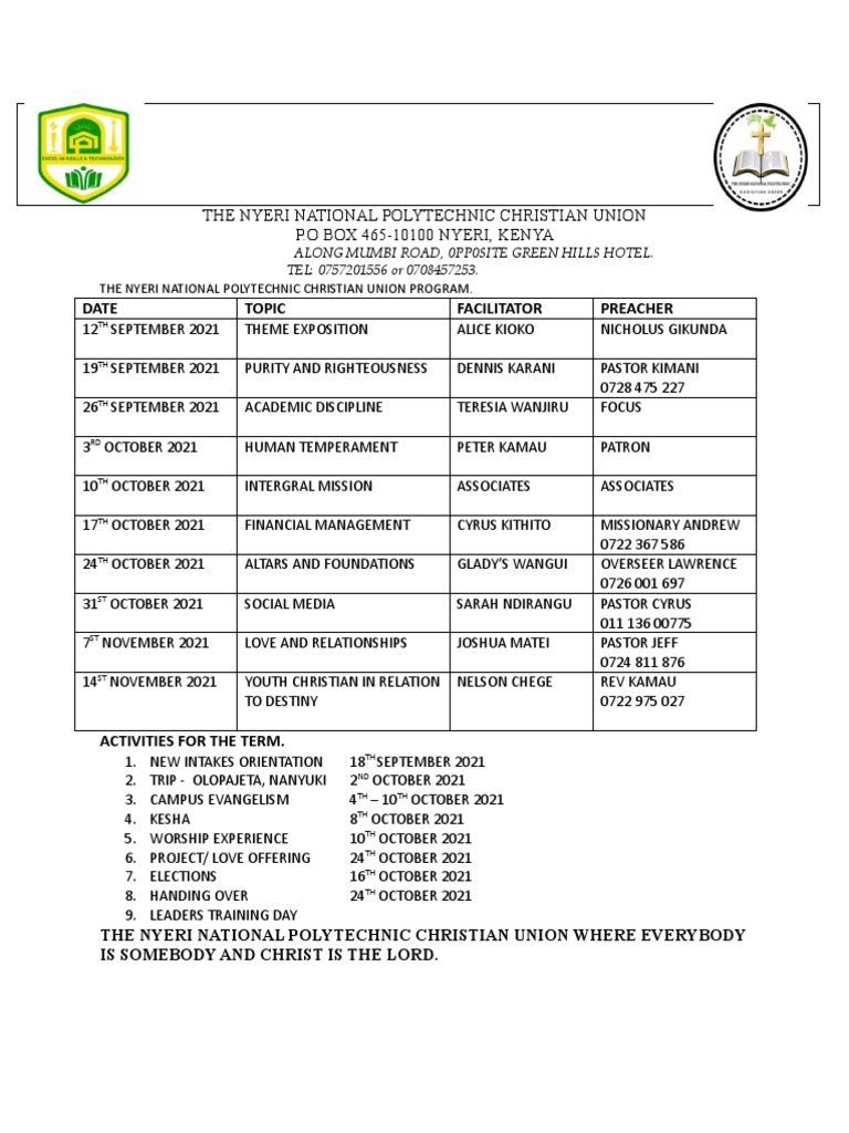 Nyeri Polytechnic CU Events Schedule | PDF