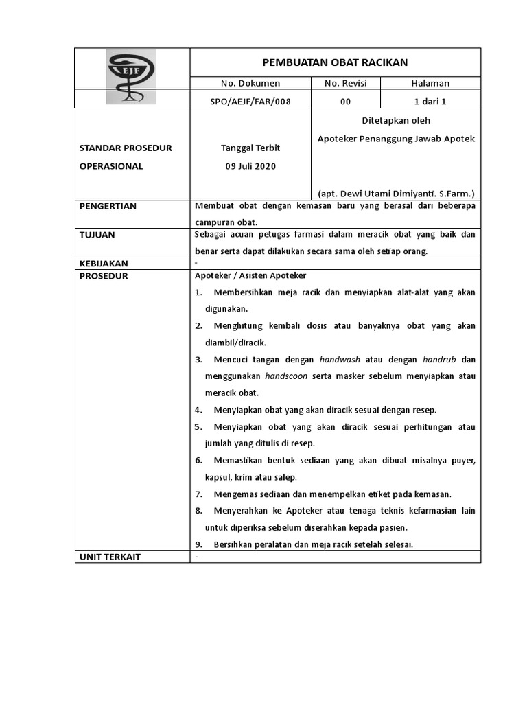 008 - Apotek Eva - SPO Pembuatan Obat Racikan 2020 | PDF