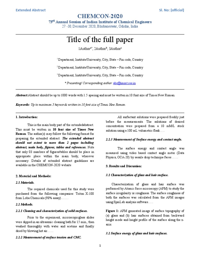 CHEMCON 2020 - Extended - Abstrac - Template | PDF | Surface Tension ...