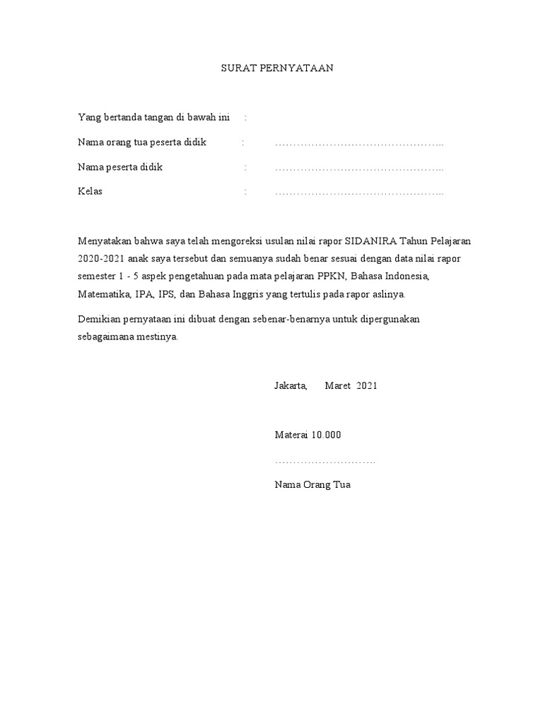 Surat Pernyataan Ortu Terkait Sidanira | PDF